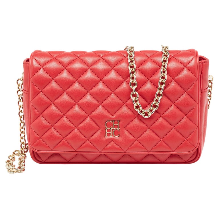 Ch Carolina Herrera Red Quilted Leather Flap Chain Shoulder Bag For