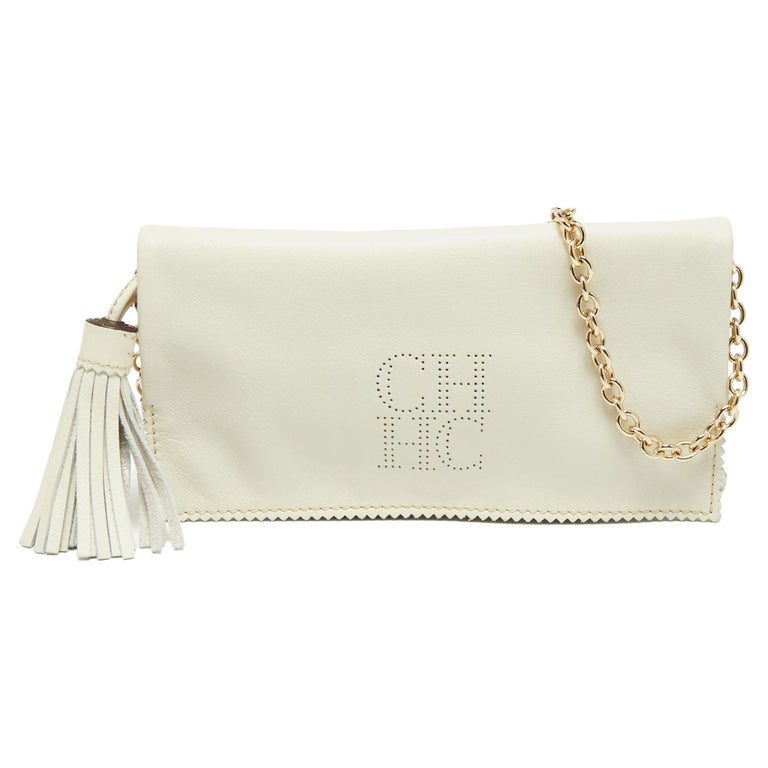 CH Carolina Herrera White Perforated Logo Leather Tassel Flap Chain Bag ...