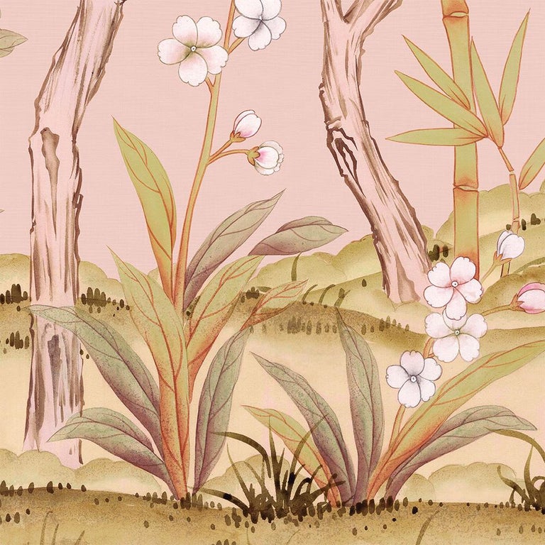 Chai Wan Triptych Rose Chinoiserie Mural Wallpaper For Sale at 1stDibs