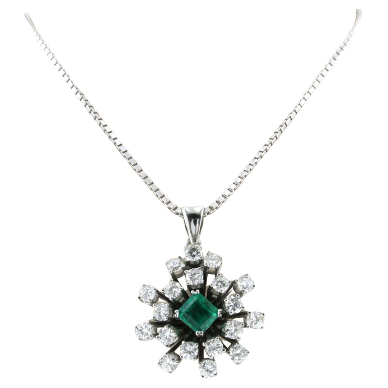 Chain and pendant set with emerald and diamonds 14k white gold For Sale ...