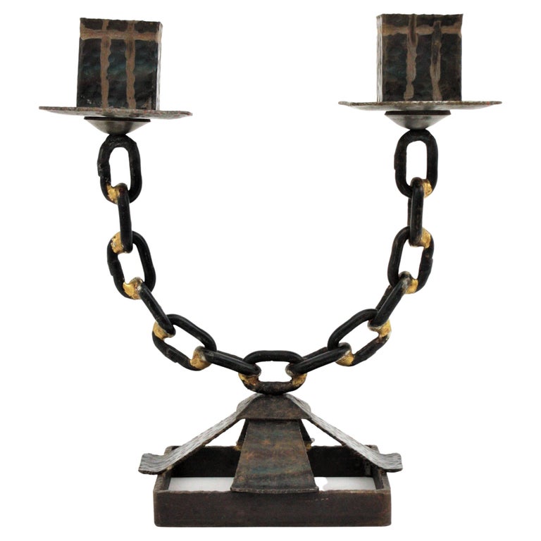 Chain Link Brutalist Candle Holder in Wrought Iron For Sale at 1stDibs