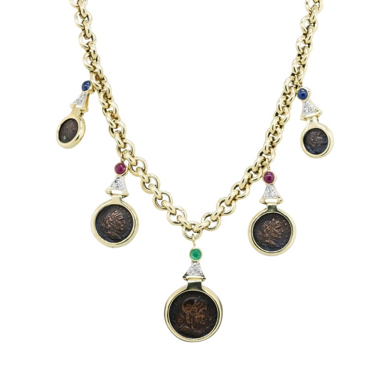 Chain Link Necklace with Bezel Set and Ancient Coins 18 Karat in Stock ...