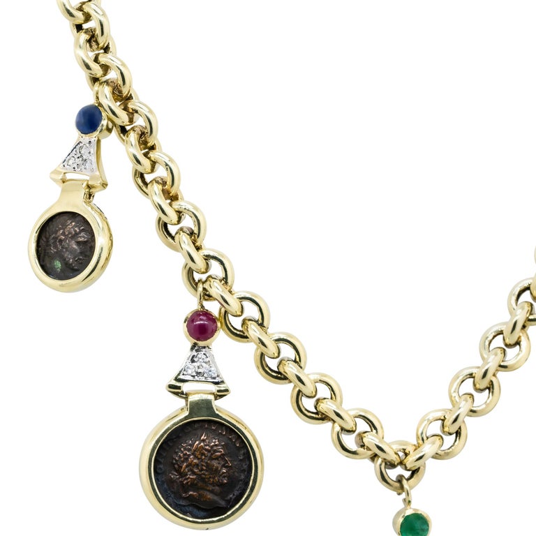 Chain Link Necklace with Bezel Set and Ancient Coins 18 Karat in Stock ...