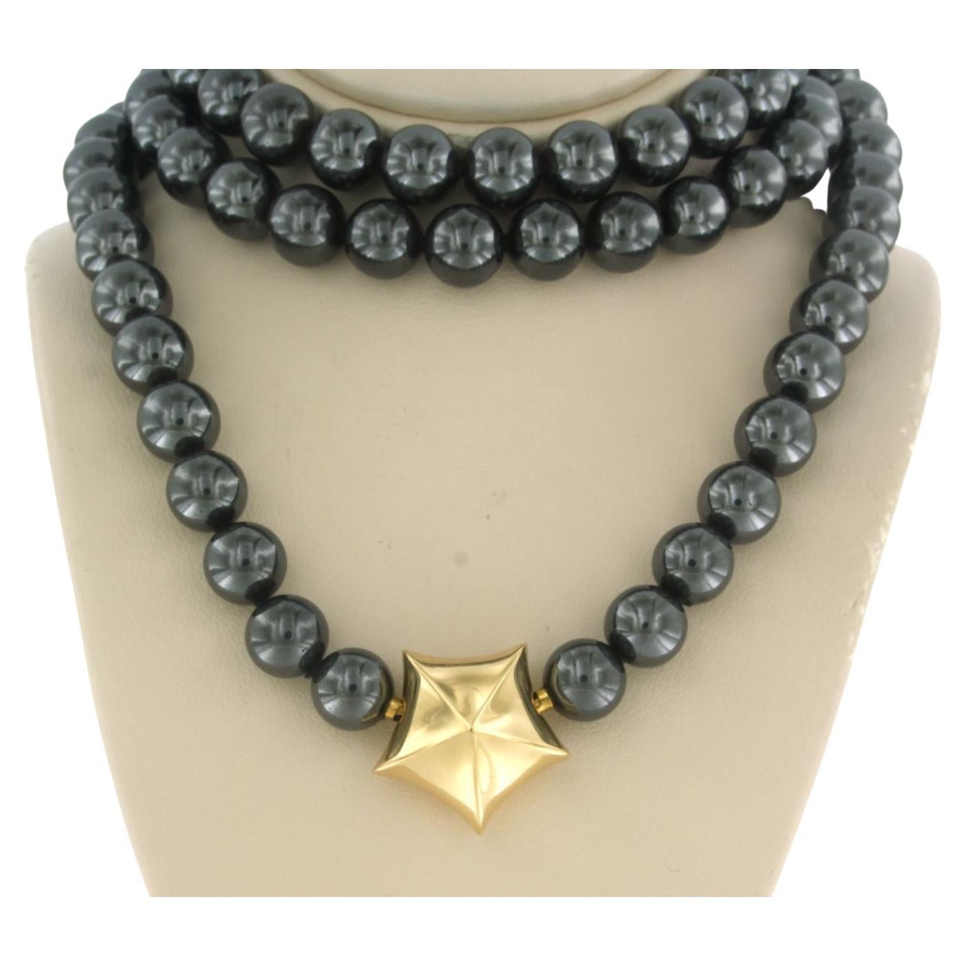 Pearl chain with lock set with ruby and diamonds 18k yellow gold and ...