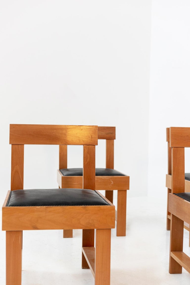 Chair by BBPR Studio, Italian Set of Six in Wood and Black Leather For ...