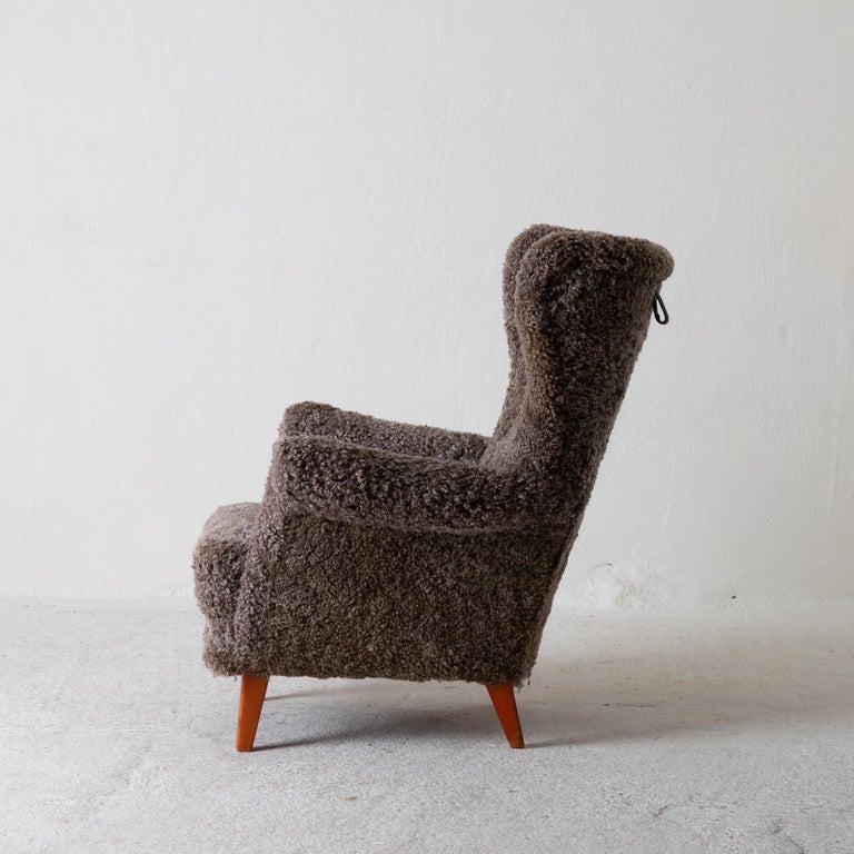 Chair Lounge Swedish Sheepskin Grayish Brown 20th Century Sweden at 1stDibs