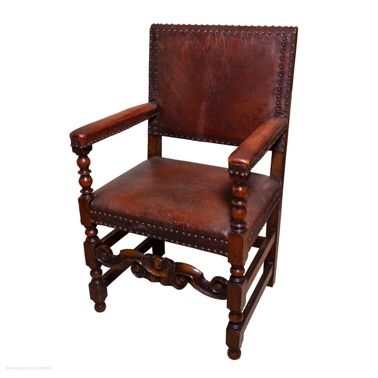 Chair Set of 4 Leather Oak English Jacobean Baroque Revival Antiquarian ...