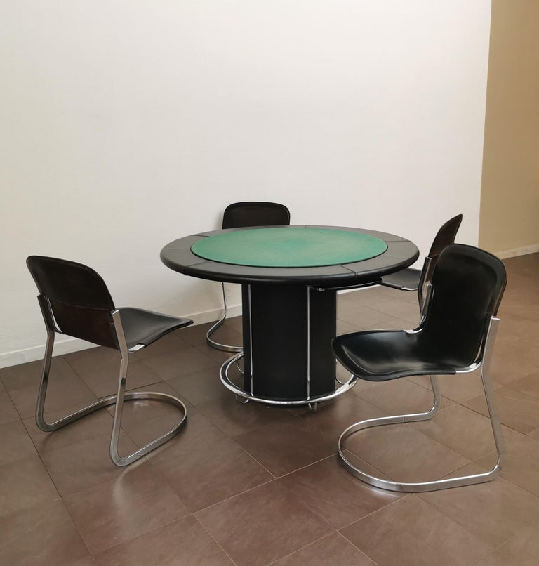 Chairs Game Table Metal Leather Wood Willy Rizzo for Cidue Midcentury ...
