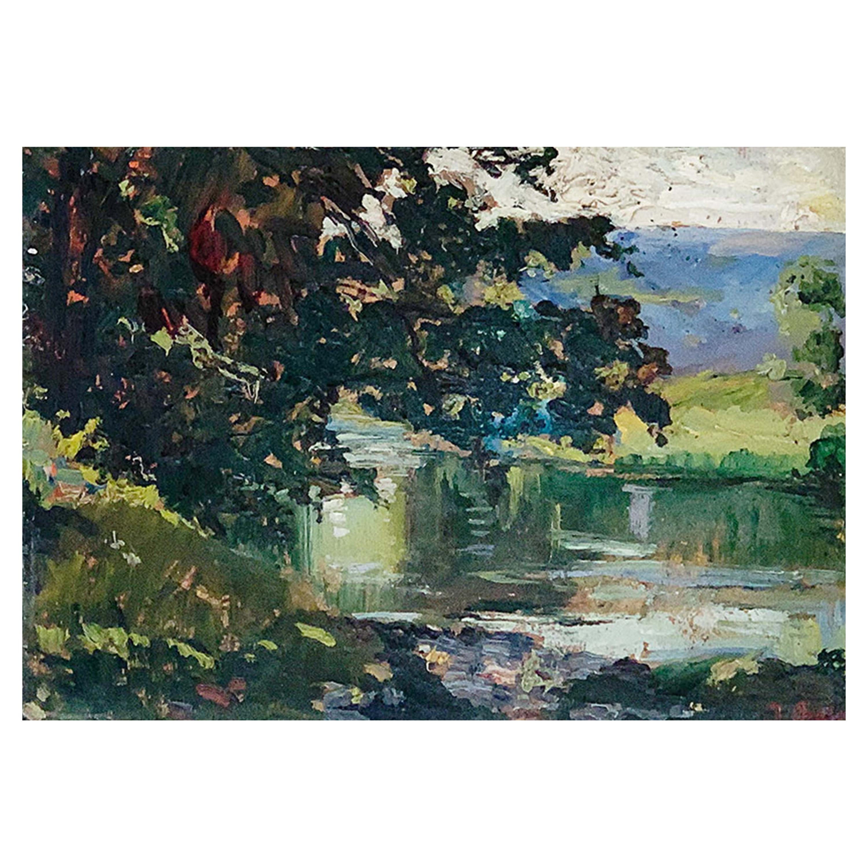 Thomas L Lewis Texas Landscape Lake Painting in Gold Sepia at 1stDibs