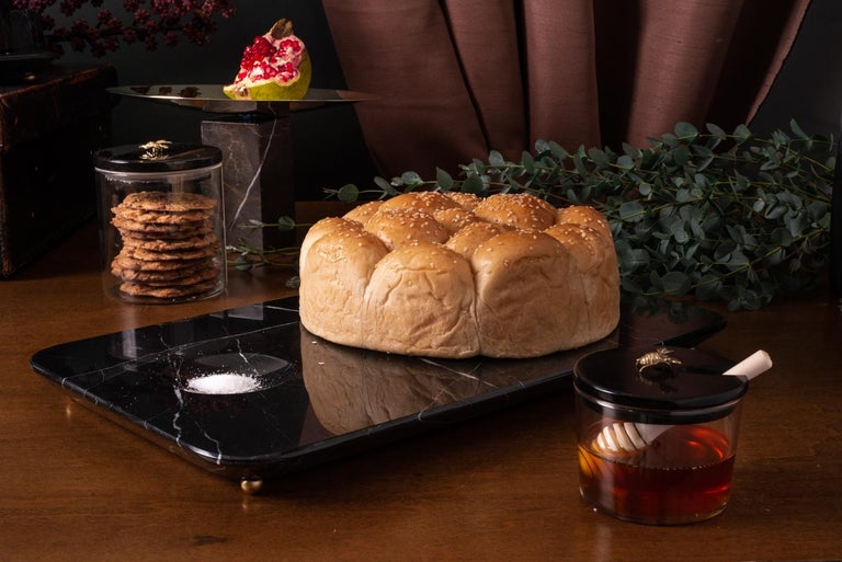 Challa Brass and Black Marble Bread Tray with Carved Hamotzi Blessing ...