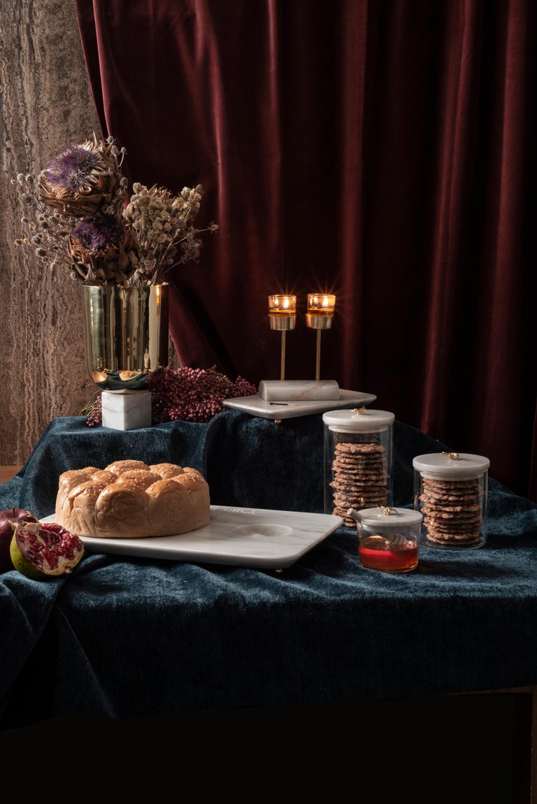 Challa Brass and White Marble Bread Tray with Carved Hamotzi Blessing ...