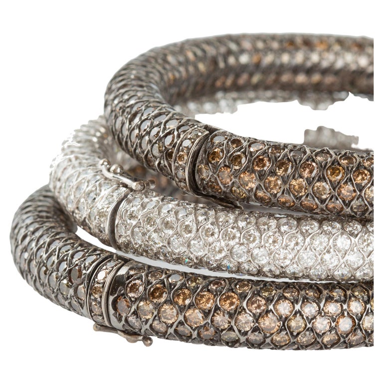 18k Gold Champagne Diamond Bangle Bracelet Trio For Sale at 1stDibs