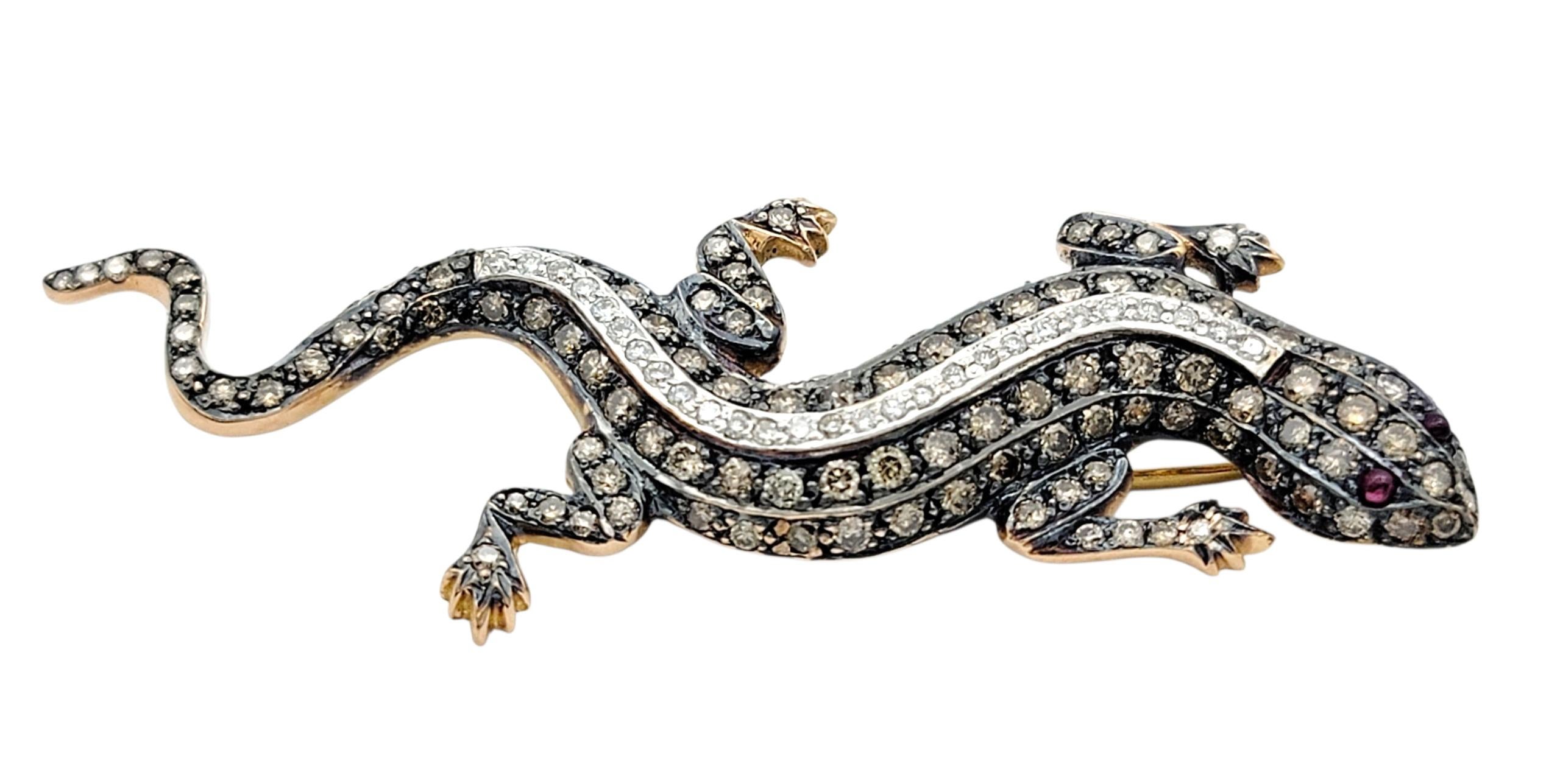 Champagne and White Diamond Lizard Brooch with Ruby Eyes in 18 Karat ...