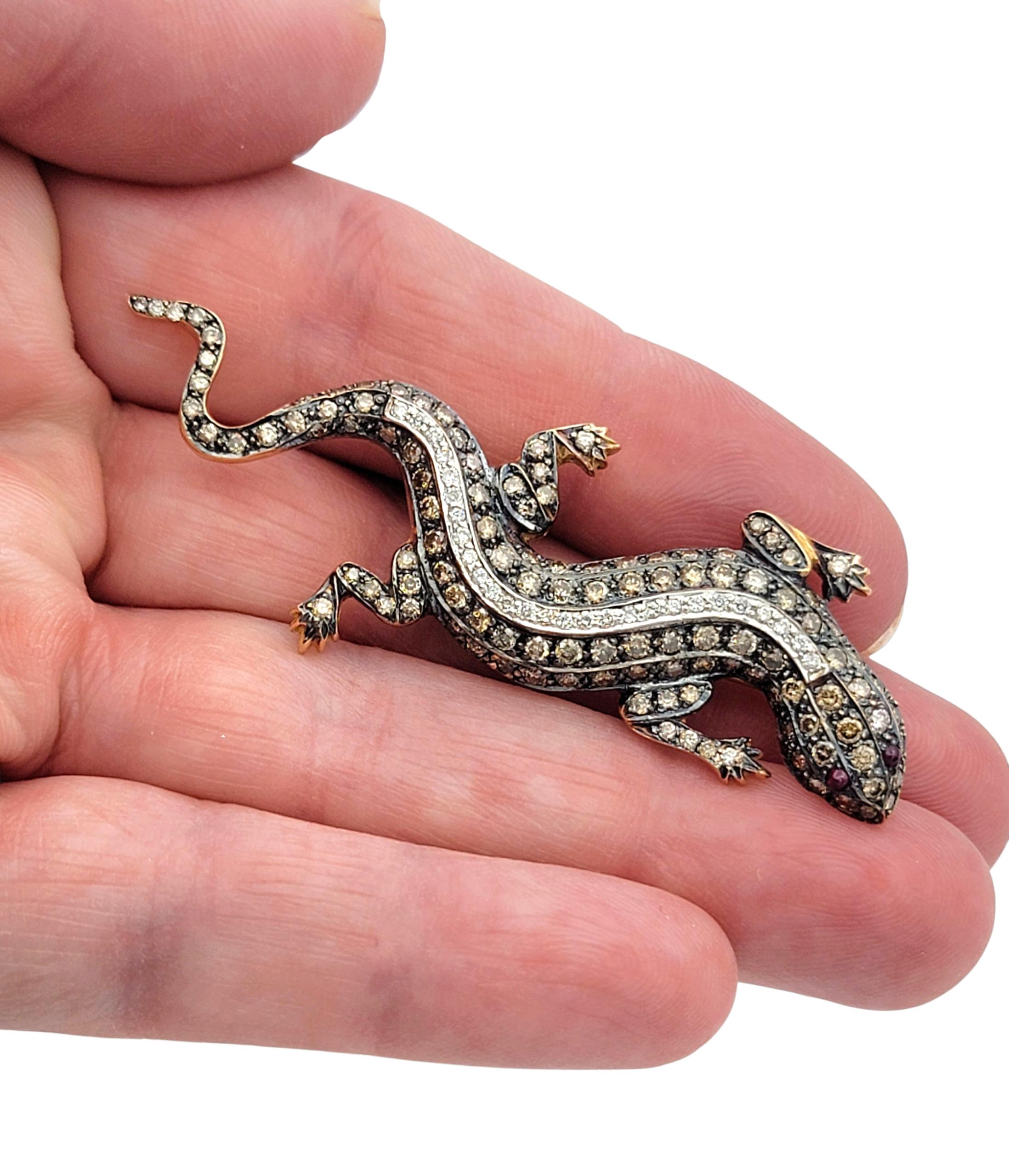 Champagne and White Diamond Lizard Brooch with Ruby Eyes in 18 Karat ...