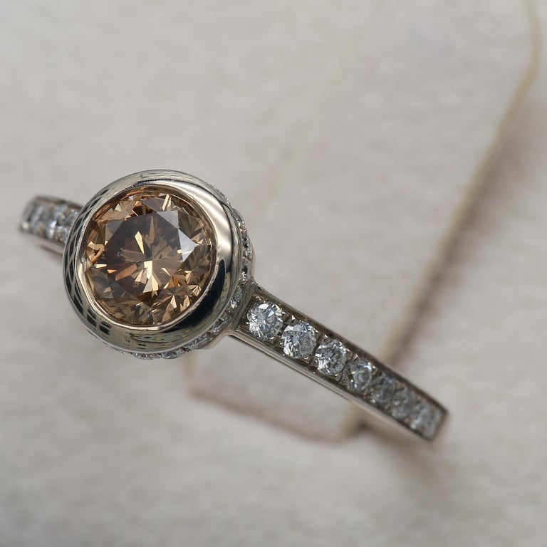 Champagne Diamond with Diamond Halo Ring in 18K White Gold For Sale at ...