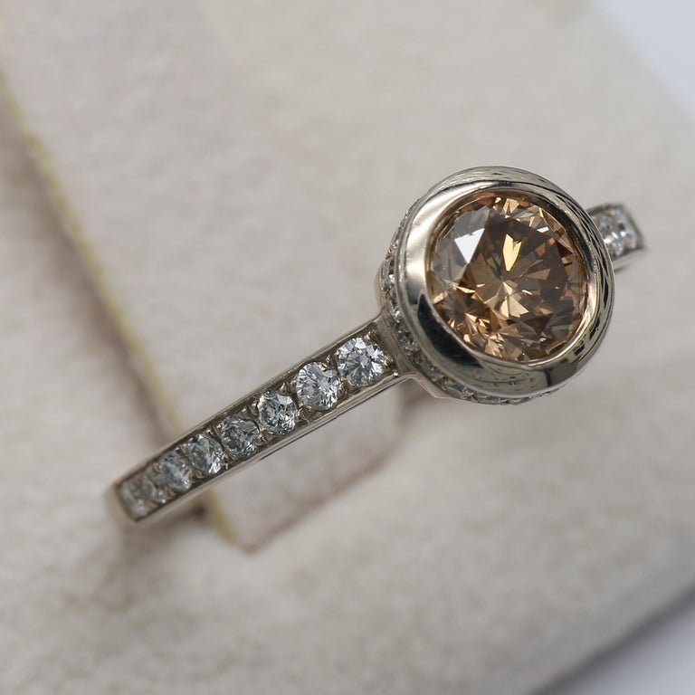 Champagne Diamond with Diamond Halo Ring in 18K White Gold For Sale at ...