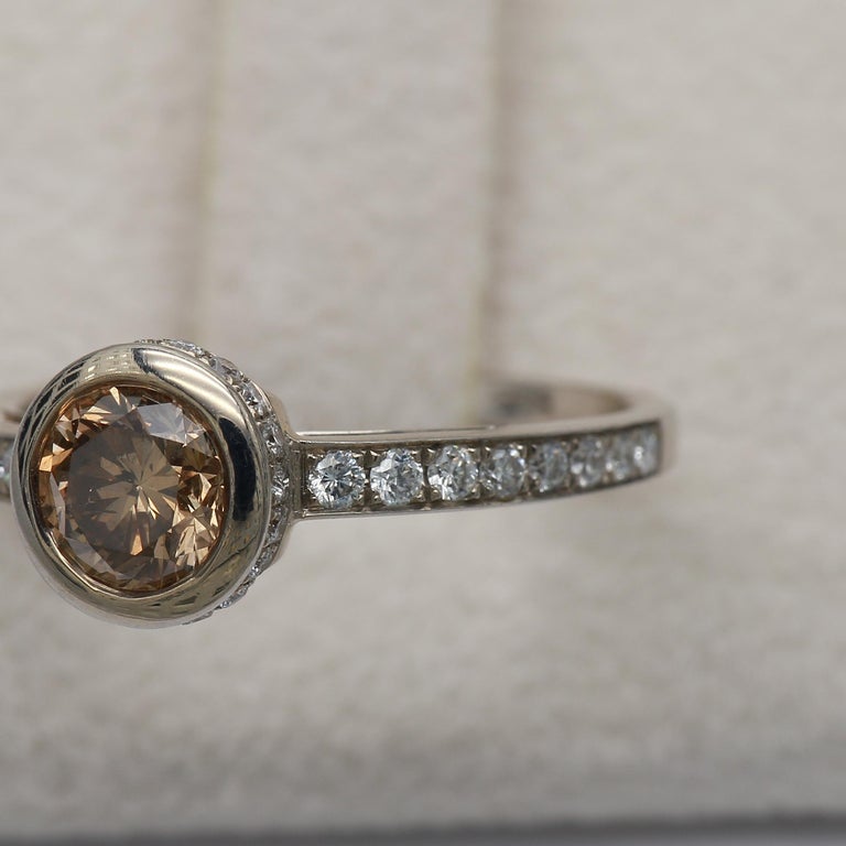 Champagne Diamond with Diamond Halo Ring in 18K White Gold For Sale at ...