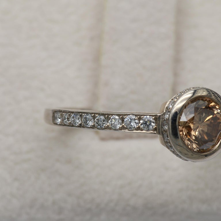 Champagne Diamond with Diamond Halo Ring in 18K White Gold For Sale at ...