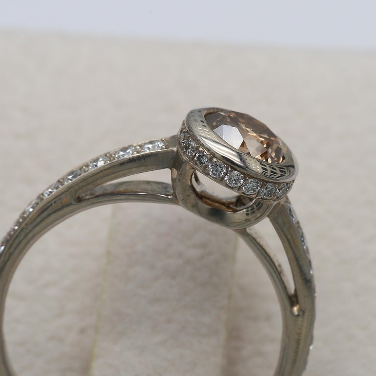 Champagne Diamond with Diamond Halo Ring in 18K White Gold For Sale at ...