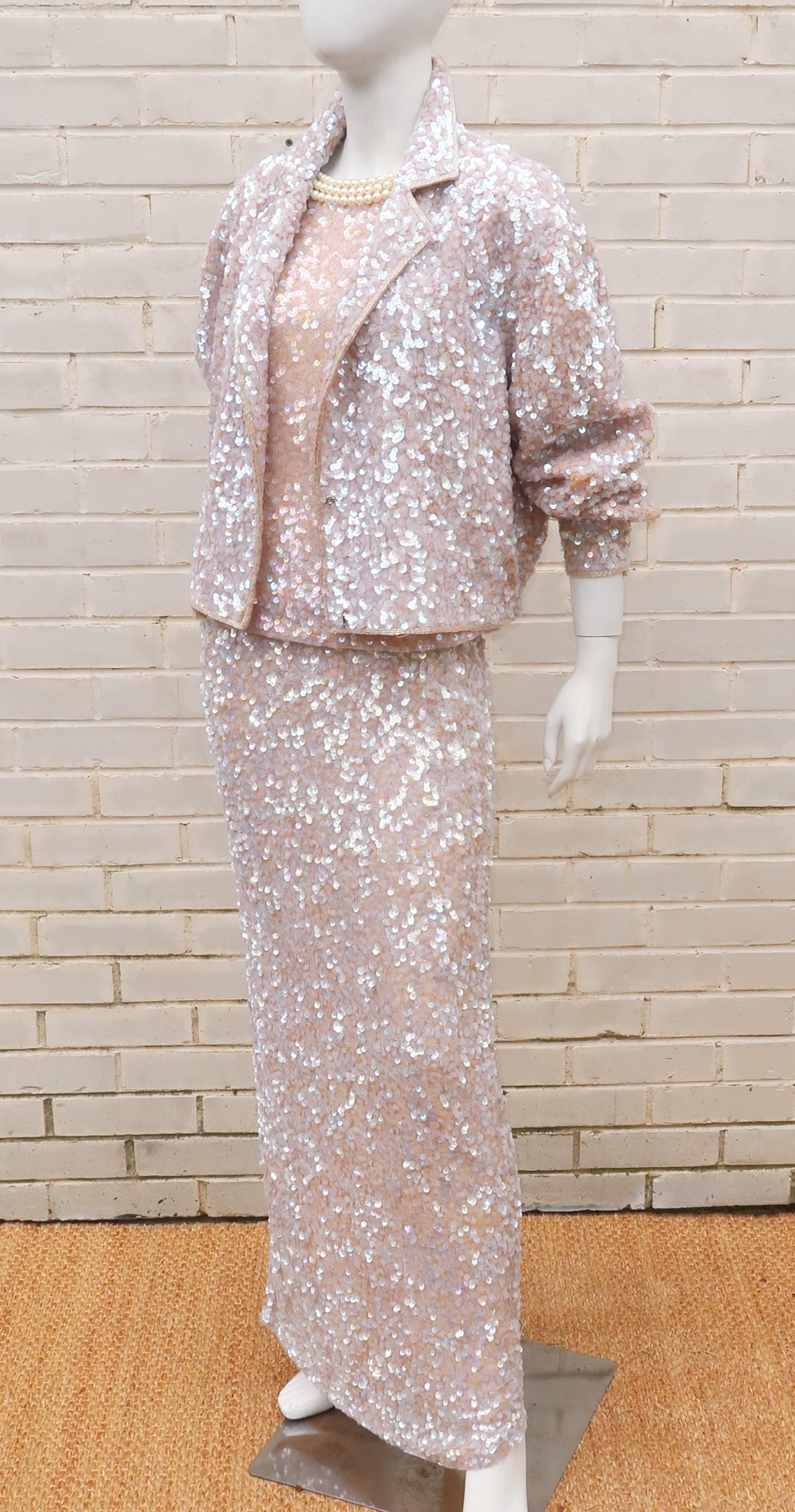 Champagne Sequin and Pearl 3 Piece Ensemble Dress With Jacket, C.1980 ...