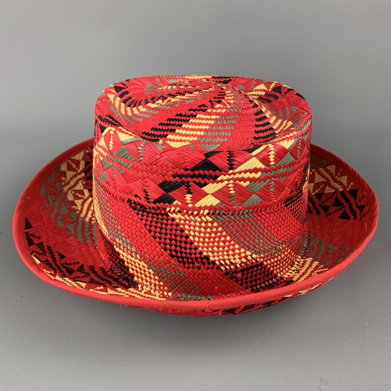 CHAMULA Size 58 Red Black Yellow and Green Pattern Woven Straw Panama ...