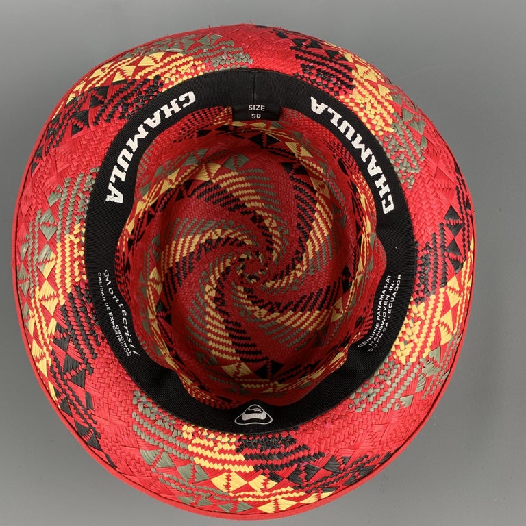 CHAMULA Size 58 Red Black Yellow and Green Pattern Woven Straw Panama ...