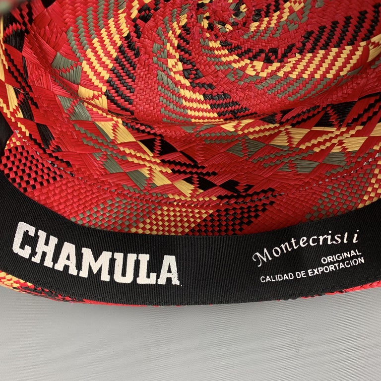 CHAMULA Size 58 Red Black Yellow and Green Pattern Woven Straw Panama ...