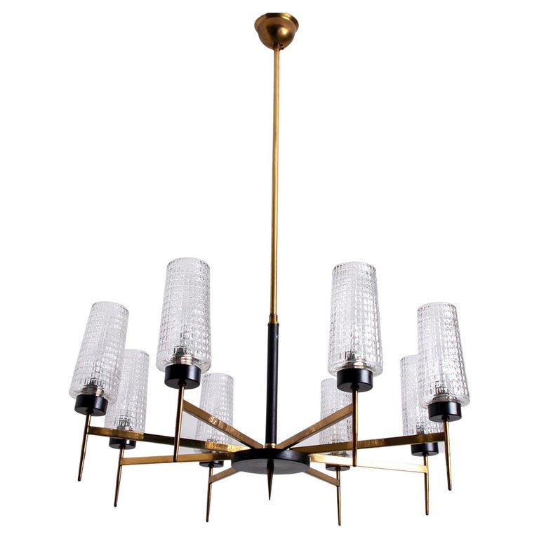 Chandelier 8 Waffle Glass Shades and Brass by Kaiser Leuchten Germany ...