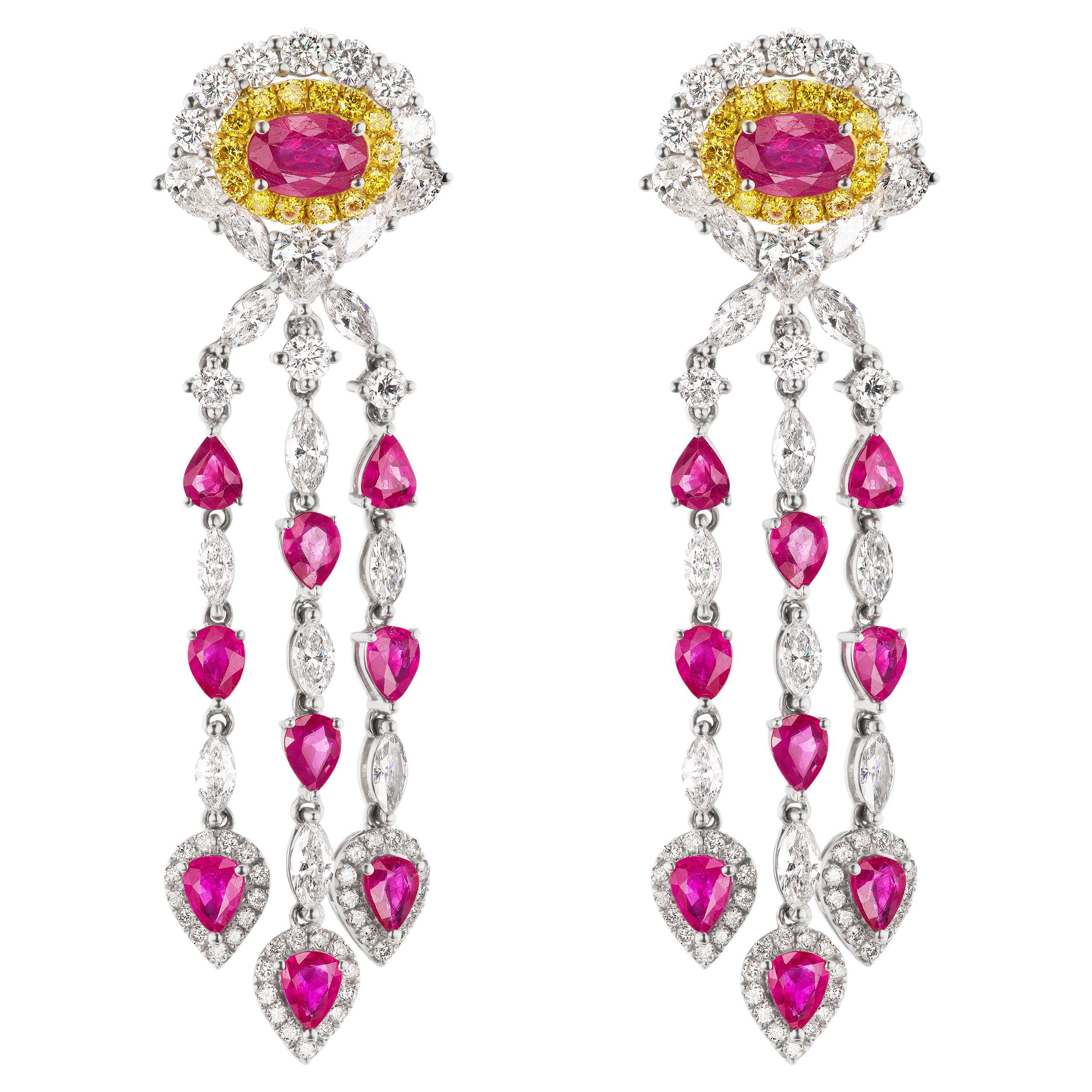 Edwardian Style 7.12ct Ruby with Diamond Chandelier Earrings 18k White ...
