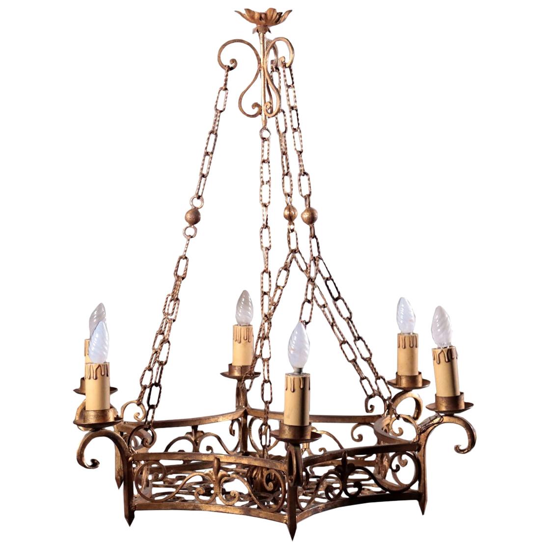 Chandelier Gilded Iron, Italy, 20th Century at 1stDibs