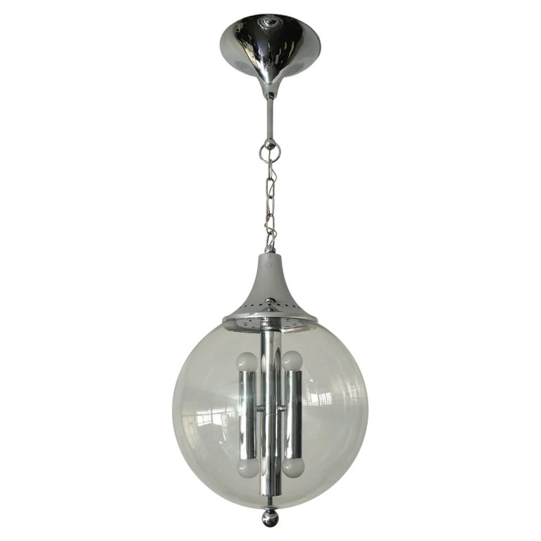 Chandelier Pendant Glass Sphere Chromed Metal Midcentury Italian Design ...