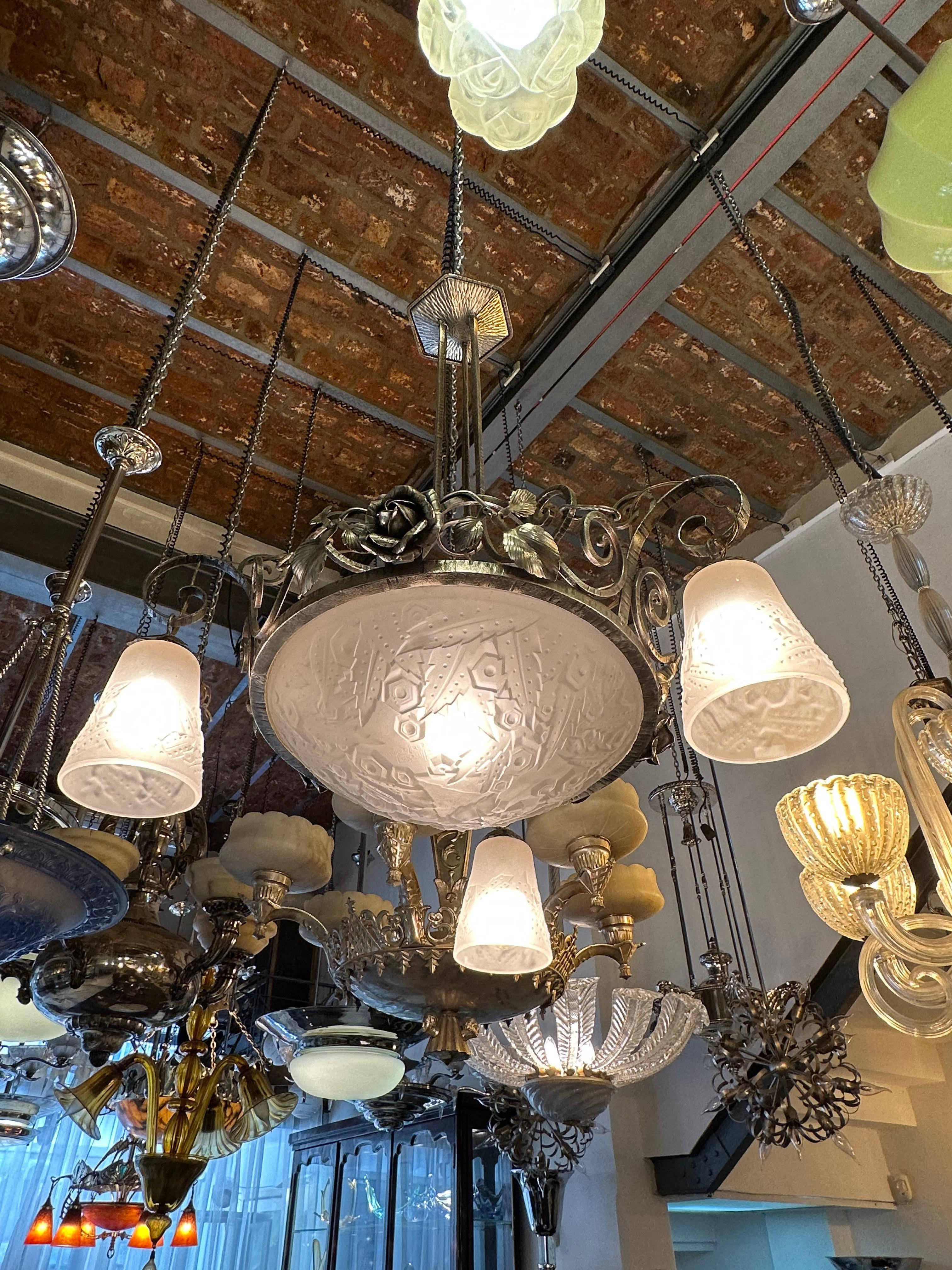 Chandelier , Sign: Muller Frés Luneville, Style:Jugendstil, Art Nouveau ...