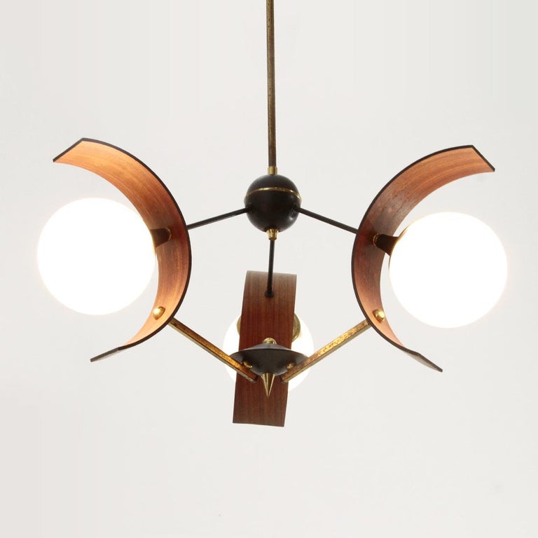 Chandelier with Three Diffusers in Teak, Brass and Glass, 1960s For ...