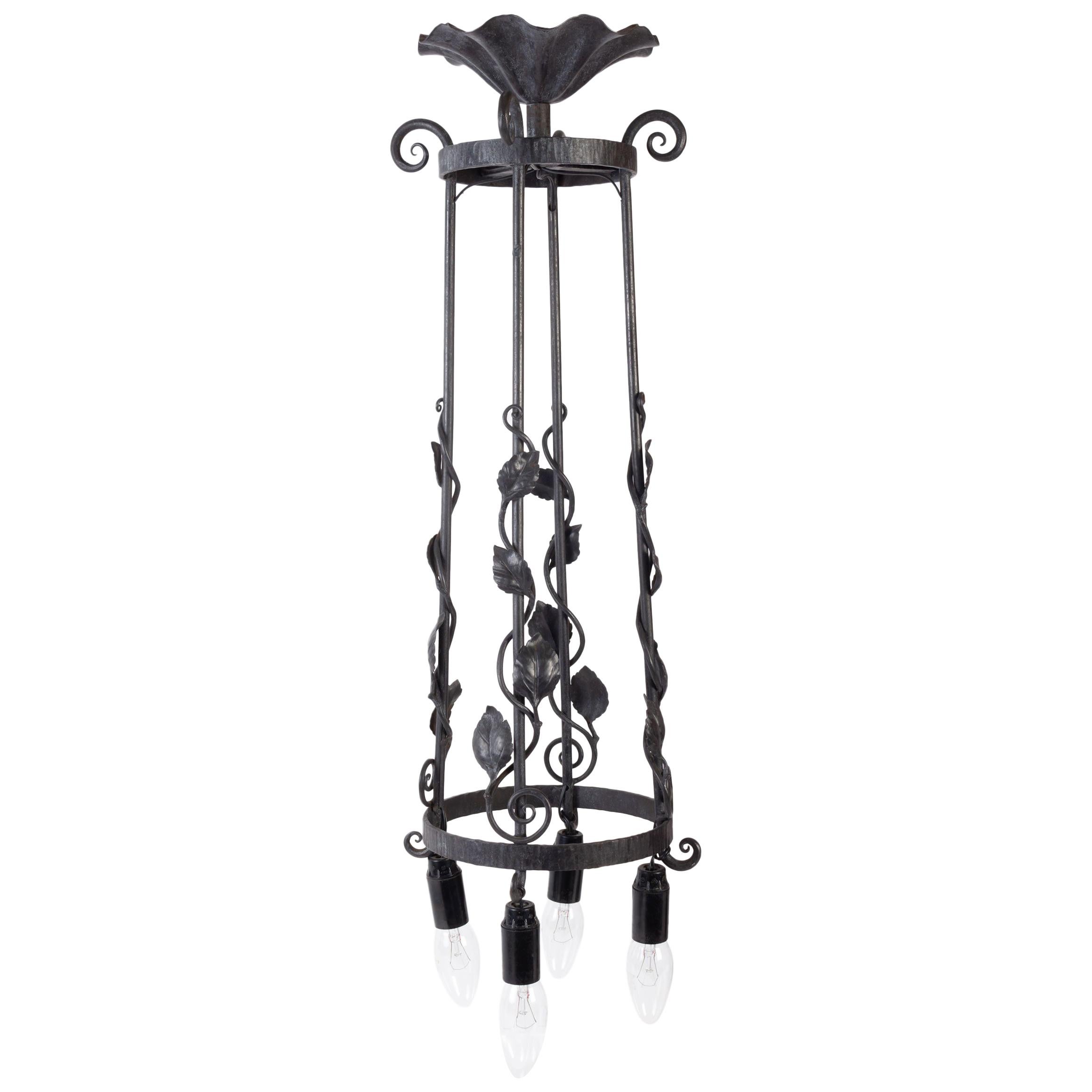 Chandelier, Wrought Iron Ceiling Light, 1930, Art Deco, 4 Lights at 1stDibs