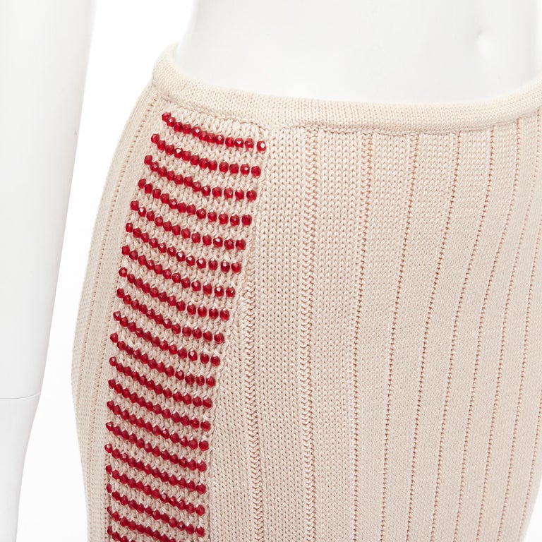 CHANEL 00C cotton red bead trim ribbed knit CC logo skirt FR38 M For ...
