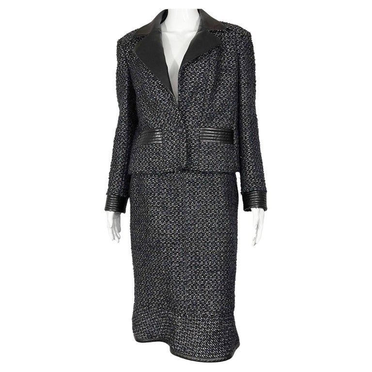 Chanel 02A Leather Trim Tweed Jacket/Skirt Suit Set Navy Multi Metallic ...