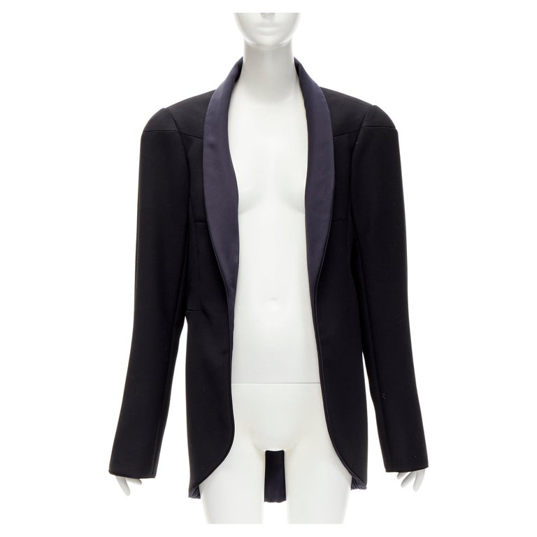 CHANEL 08A black wool shawl collar rounded shoulder long blazer jacket ...