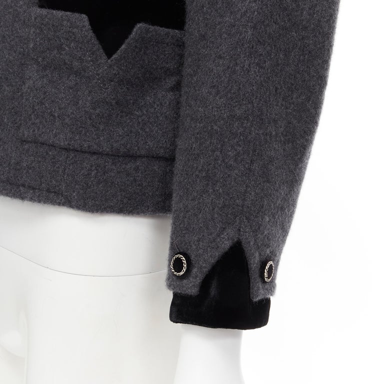CHANEL 100% cashmere grey black velvet trimmed CC chain button rounded ...