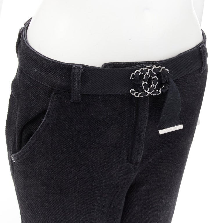 CHANEL 100% cotton black CC chain buckle belt wide leg bell bottom ...
