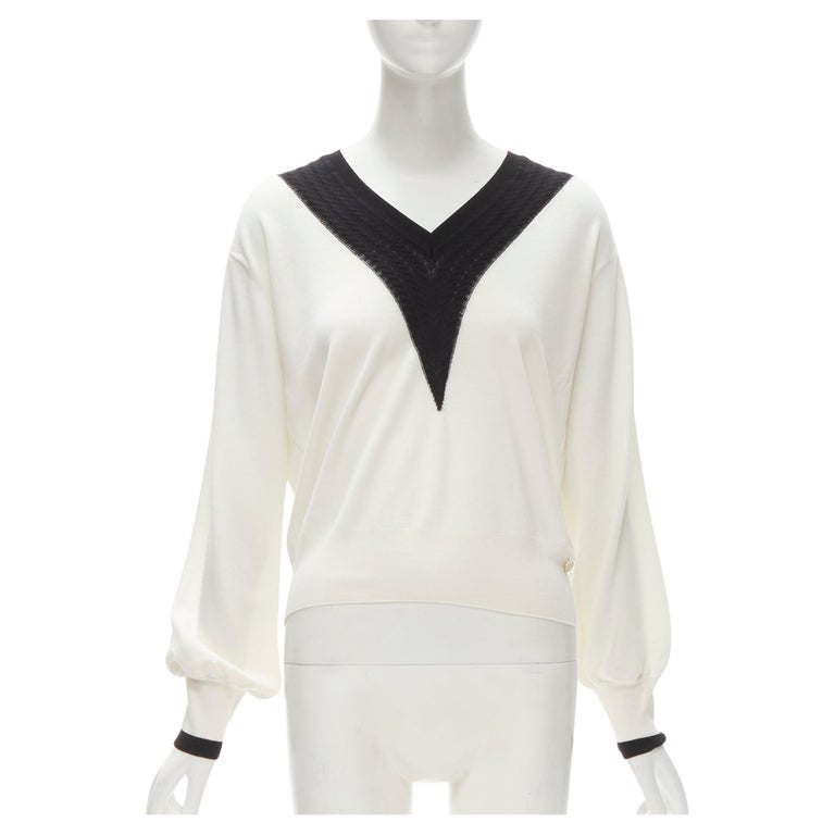 CHANEL 100% wool ivory white black intarsia chain schoolgirl jumper ...
