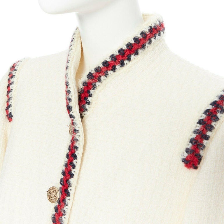 CHANEL 10A Paris-Shanghai white tweed crochet trim officer jacket FR44 ...