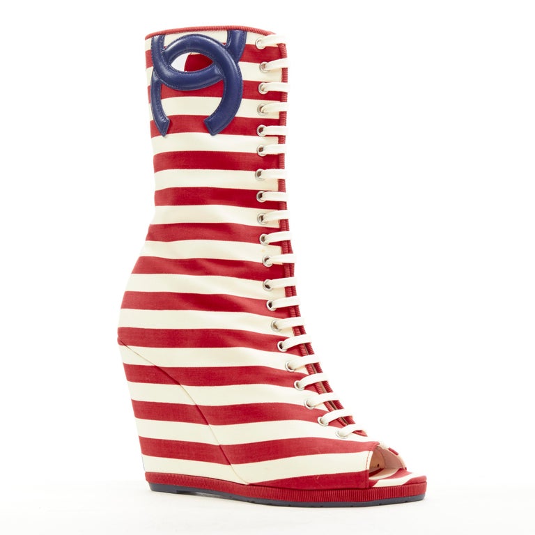 CHANEL 10C red white striped navy CC logo peep toe wedge boot EU36.5 ...