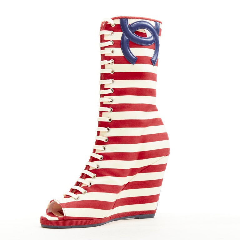 CHANEL 10C red white striped navy CC logo peep toe wedge boot EU36.5 ...