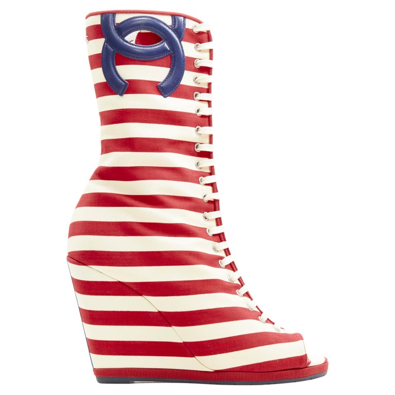 CHANEL 10C red white striped navy CC logo peep toe wedge boot EU36.5 ...