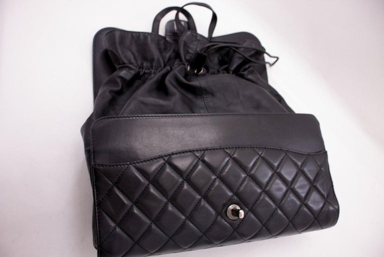 CHANEL 12" Drawstring Large Chain Shoulder Bag Flap Lambskin Black For ...