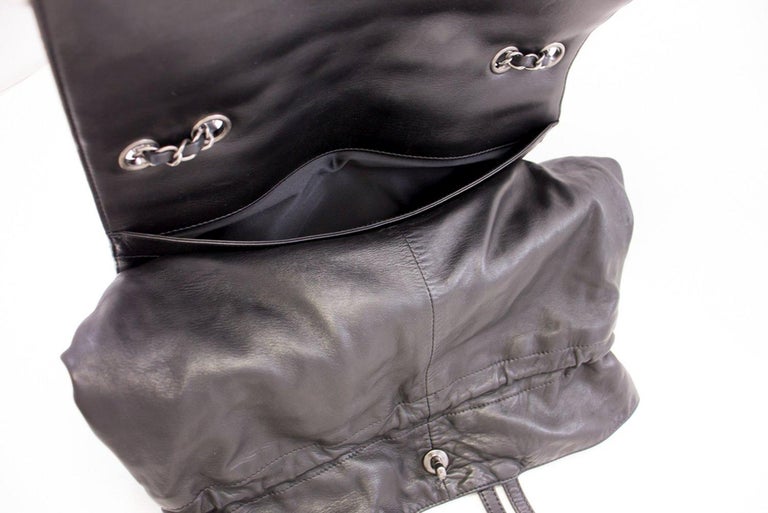 CHANEL 12" Drawstring Large Chain Shoulder Bag Flap Lambskin Black For ...