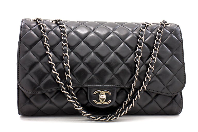 CHANEL 12" Drawstring Large Chain Shoulder Bag Flap Lambskin Black For ...