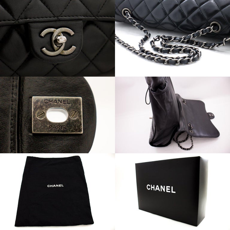 CHANEL 12" Drawstring Large Chain Shoulder Bag Flap Lambskin Black For ...