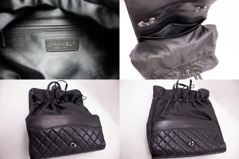 CHANEL 12" Drawstring Large Chain Shoulder Bag Flap Lambskin Black For ...