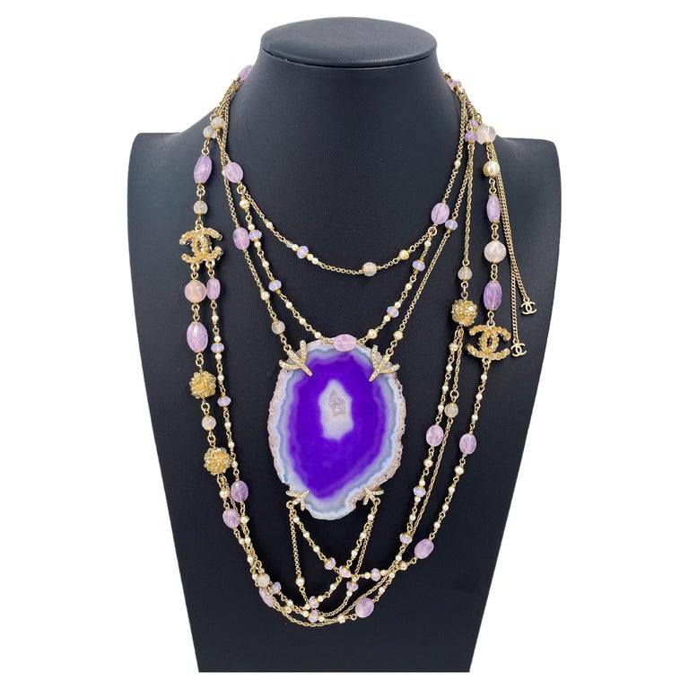 Chanel 12A Violet Purple Agate Stone Crystal Beaded 6 Strand Necklace ...
